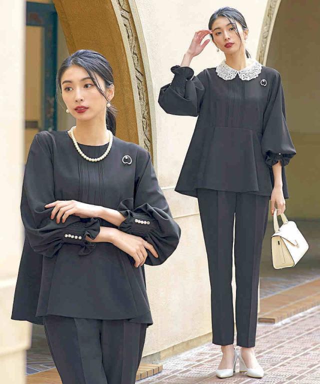 ルイルエブティック（RUIRUE BOUTIQUE）/2WAYレース襟付きペプラムトップス＆テーパードパンツセットアップ