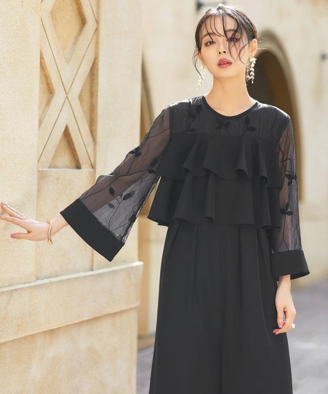 ルイルエブティック（RUIRUE BOUTIQUE）/シアーエンブロイダリースリーブダブルフリルパンツドレス