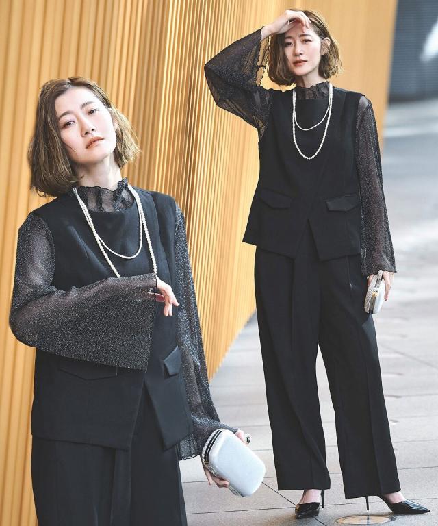 ルイルエブティック（RUIRUE BOUTIQUE）/フロントスリットジレ＆ラメトップス＆タックワイドパンツ3点セットアップ