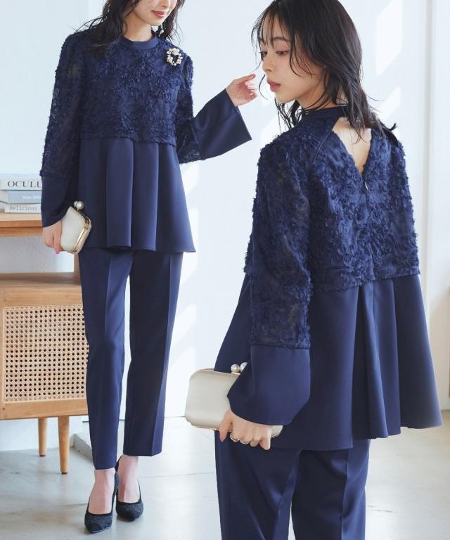 ルイルエブティック（RUIRUE BOUTIQUE）/【ストレッチ】華やぎセットアップドレス 立体レーストップス/テーパードパンツ