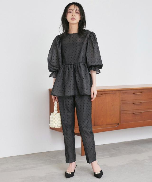 ルイルエブティック（RUIRUE BOUTIQUE）/シアードットジャカードペプラムトップス＆パンツセットアップ