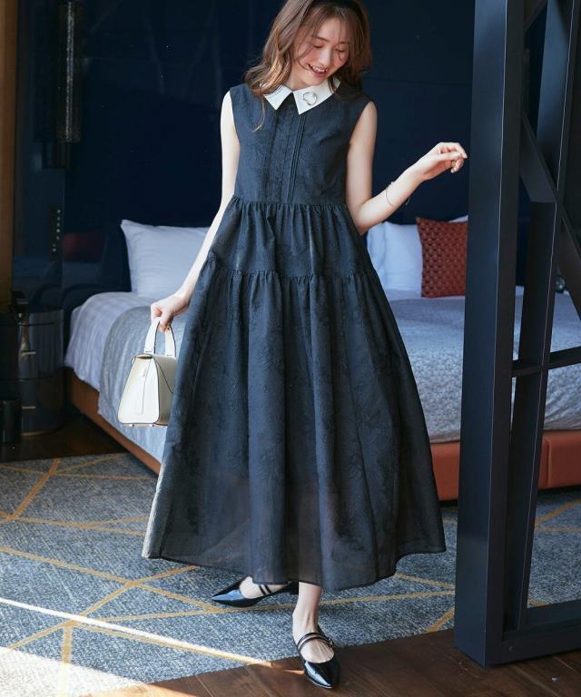 ルイルエブティック（RUIRUE BOUTIQUE）/襟付きシアージャカードギャザーフレアワンピース