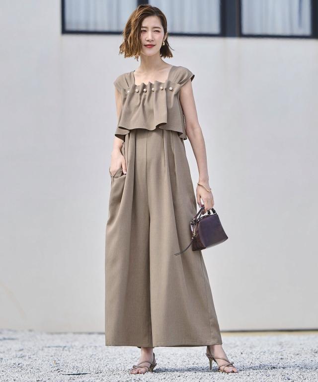 ルイルエブティック（RUIRUE BOUTIQUE）/フロントパールフレアサロペット