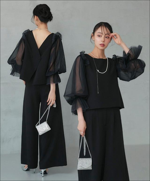 ルイルエブティック（RUIRUE BOUTIQUE）/【前後2way/洗える】バックコンシャストップス＆タックワイドパンツドレス（チュールつけ袖付…