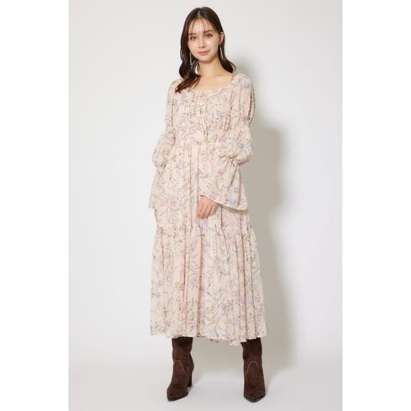 リエンダ（rienda）/レースアップフラワーパターンフレアワンピース