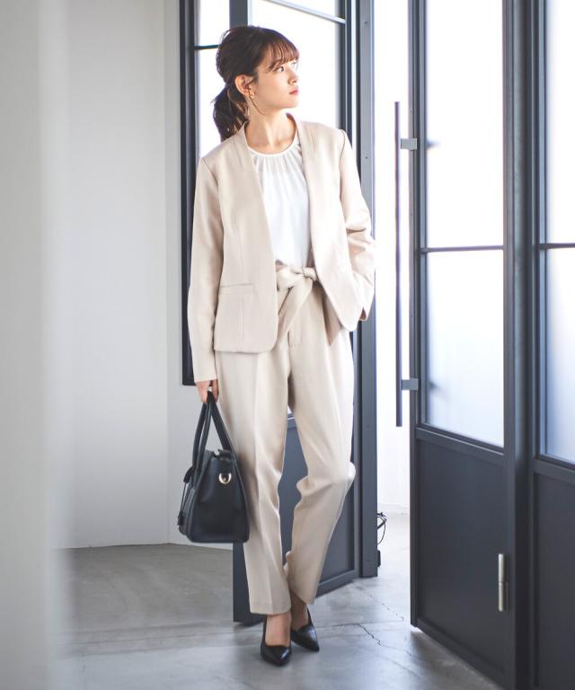 リブルーム（Rebloom）/【手洗い可能/セットアップ】ノーカラージャケット・リボンベルトパンツ 3点セット