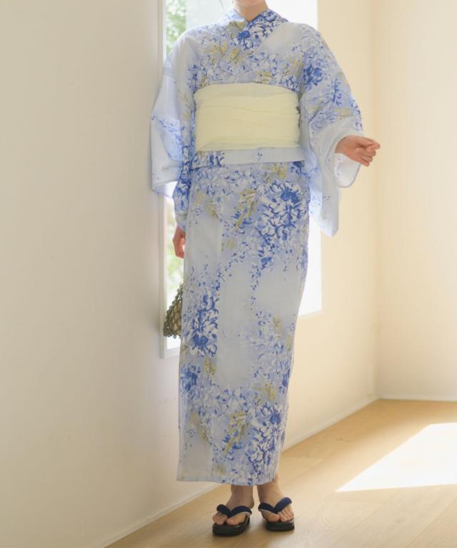 リブルーム（Rebloom）/下駄つき浴衣5点セット 藤露の涼風 (浴衣 兵児帯 腰紐2本 下駄)
