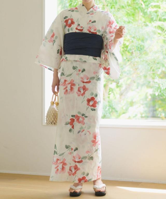 リブルーム（Rebloom）/下駄つき浴衣5点セット 白昼の紅椿 (浴衣 兵児帯 腰紐2本 下駄)