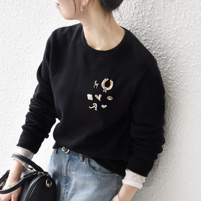 シップス エニィ（SHIPS any）/SHIPS any:〈手洗い可能〉裏起毛 ビジュー クルーネック コンパクト プルオーバー