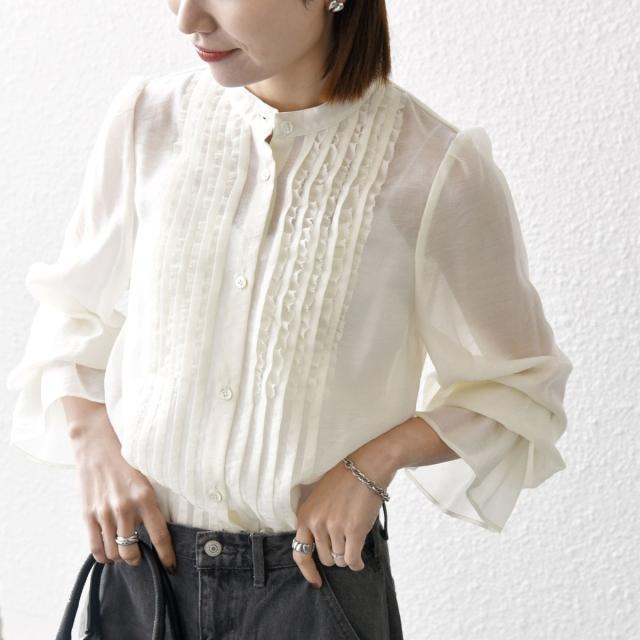 シップス エニィ（SHIPS any）/《予約》SHIPS any:〈手洗い可能〉シアー フリル バンドカラー シャツ ブラウス