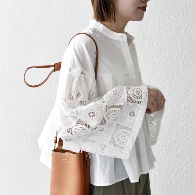 シップス エニィ（SHIPS any）/SHIPS any:〈手洗い可能〉パッチワーク レース スリーブ バンドカラー シャツ