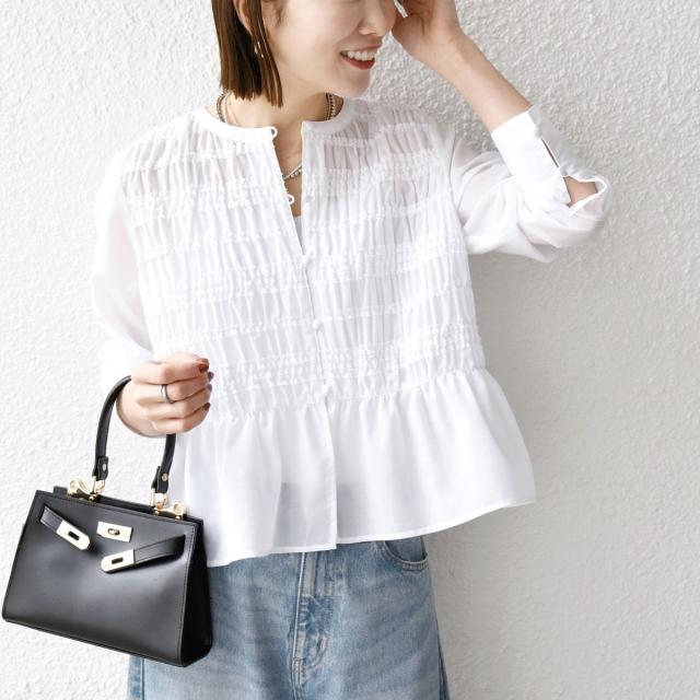 シップス エニィ（SHIPS any）/SHIPS any:〈洗濯機可能〉シアー シャーリング プチフリル ペプラム ブラウス