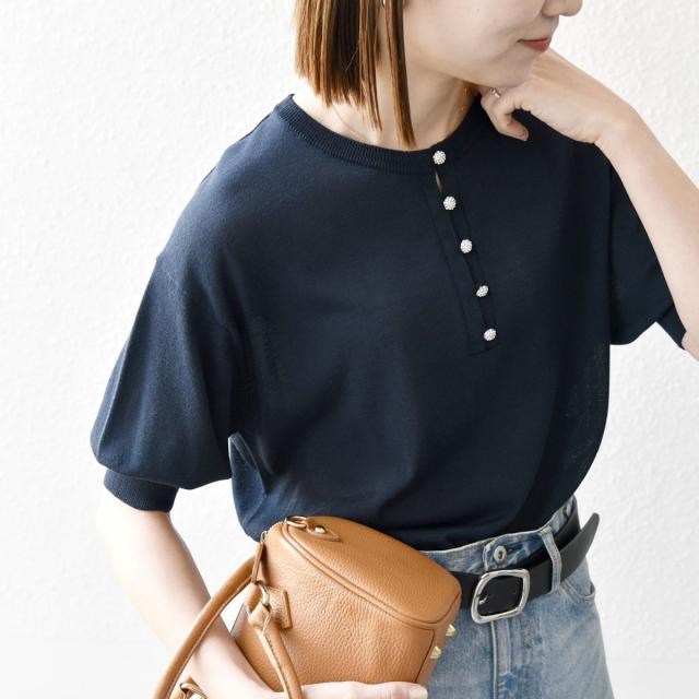 シップス エニィ（SHIPS any）/SHIPS any:〈接触冷感/手洗い可能〉ビジュー ヘンリーネック ニット プルオーバー