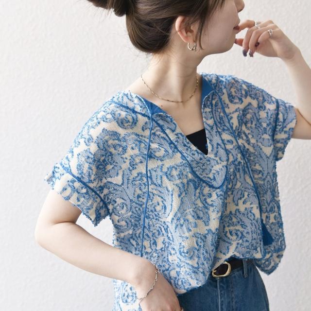 シップス エニィ（SHIPS any）/SHIPS any:〈手洗い可能〉メッシュ ジャカード カフタン スキッパー ブラウス