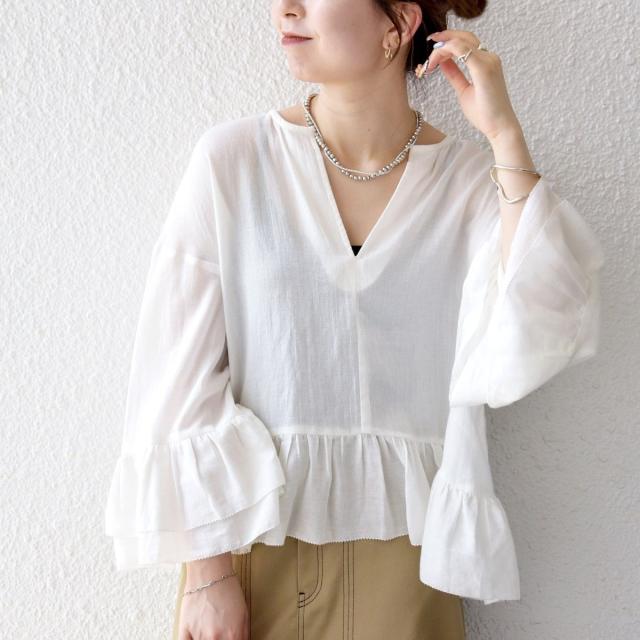 シップス エニィ（SHIPS any）/SHIPS any:〈洗濯機可能〉コットン モス ラッフル フリル キーネック ブラウス