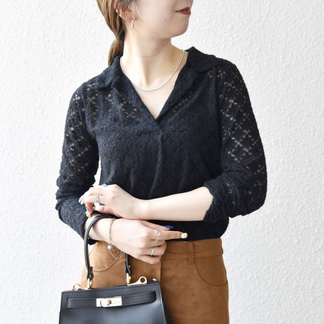 シップス エニィ（SHIPS any）/SHIPS any:〈手洗い可能〉起毛 レース 開襟 スキッパー プルオーバー