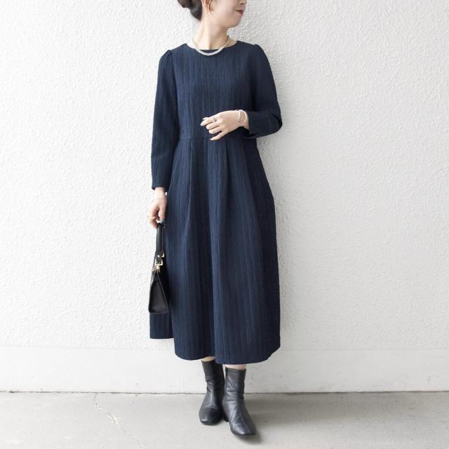 シップス エニィ（SHIPS any）/SHIPS any: ジャカード ウエストタック フレア ワンピース［NAVY BLUE］