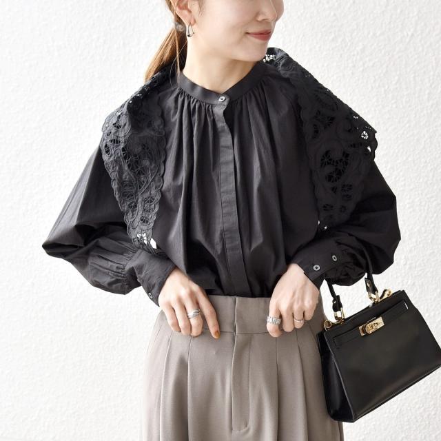 シップス エニィ（SHIPS any）/bon_meur:〈洗濯機可能〉レース スカーフ付き バンドカラー ギャザー パフ シャツ