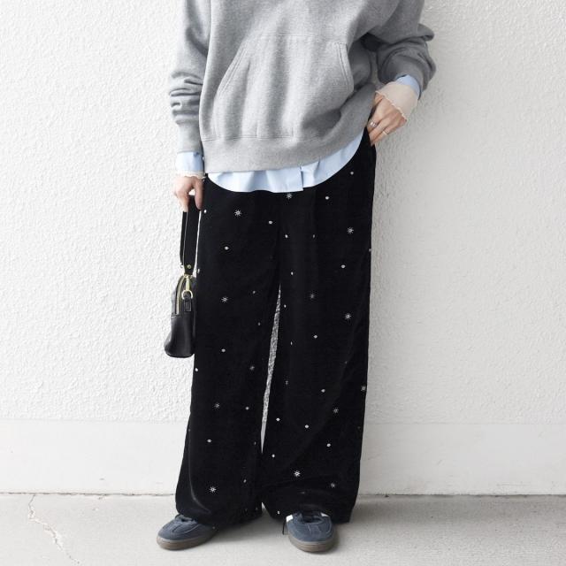 シップス エニィ（SHIPS any）/SHIPS any:〈手洗い可能〉ポリエステル ベロア 刺繍 ストレート ワイド パンツ