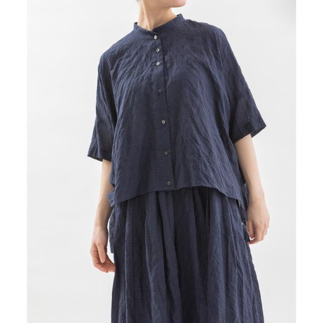 ノップドゥノッド（nop de nod）/Cielふんわりグレンチェックスタンドカラー5分袖シャツ