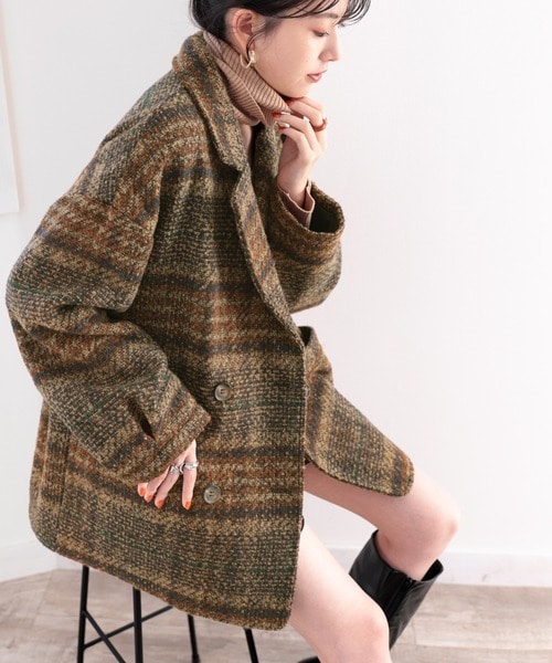 クラシカルエルフ（Classical Elf）/レトロな主役級アイテム。ブークレー起毛チェック柄ダブルジャケットコート