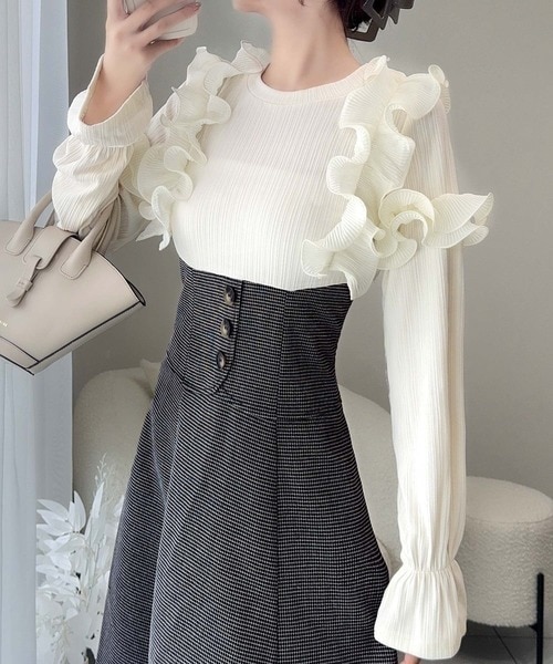 クラシカルエルフ（Classical Elf）/【mily bilet】華やかさと上品さ。プリーツフリル使いリブカットソードッキングコルセットワンピ