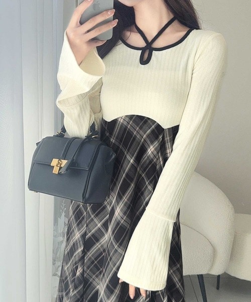 クラシカルエルフ（Classical Elf）/【mily bilet】チョーカー使い配色パイピングカットソードッキングチェックワンピース