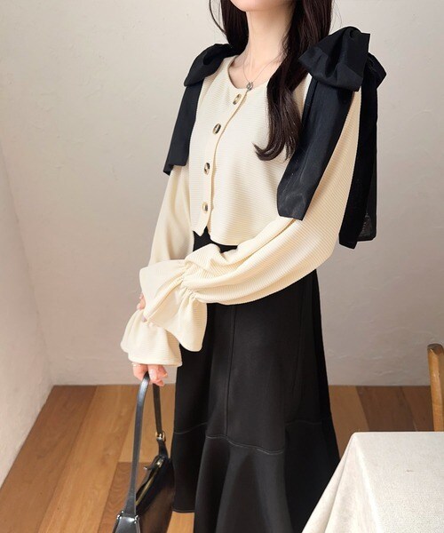 クラシカルエルフ（Classical Elf）/【mily bilet】大人レディスタイル。肩スリットリボン前後2WAYカーディガン付きキャミワンピ