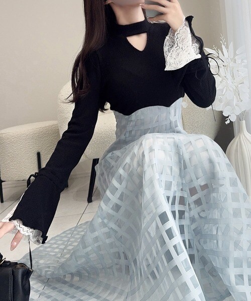 クラシカルエルフ（Classical Elf）/【mily bilet】気分上がる上品シルエット♪袖レースリブニットドッキングワンピース