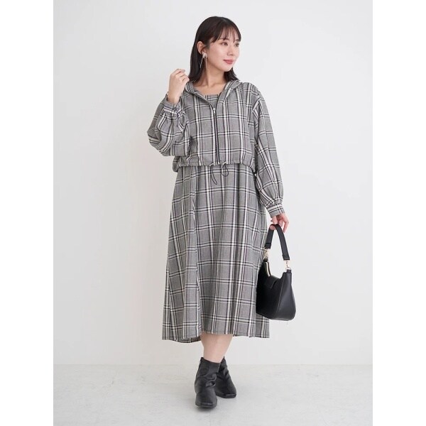 リジェイ＆スプル（Re−J&SUPURE）/[SET]チェック柄フードブルゾン×キャミワンピース