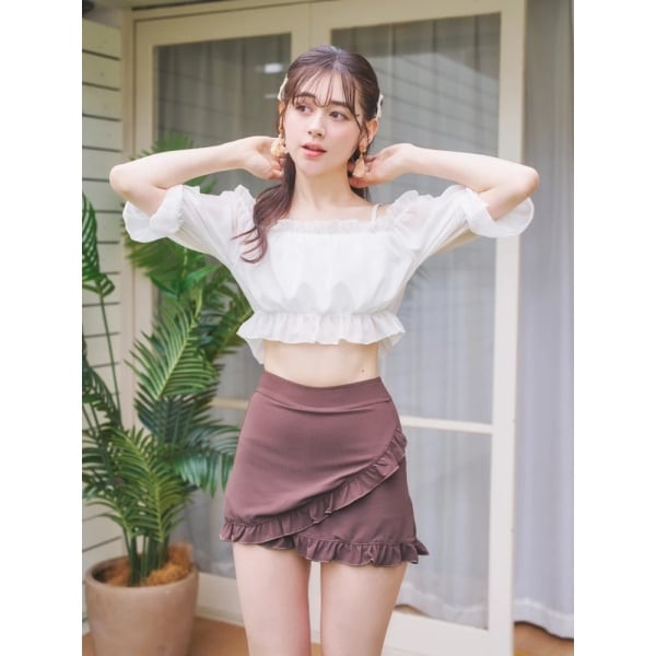 リゾートアイランド（Resort ）/ストライプシフォン×オフショル水着 スイムウェア ２点セット