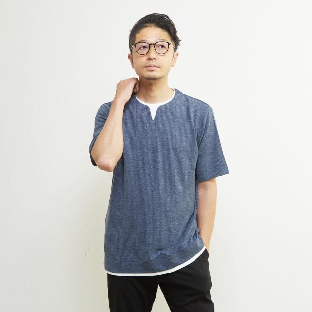 メンズメルローズ（MEN’S MELROSE）/リンクスストライプキーネックフェイクレイヤードTシャツ