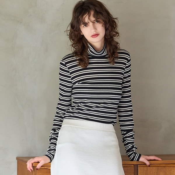 リズム（R_ISM）/【カシミヤブレンド・洗える】ボーダータートルカットソー
