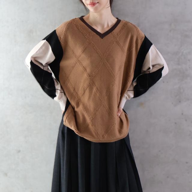エトレリー（etre relie）/アーガイルニットVネックプルオーバー