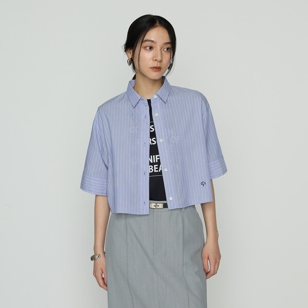 コムサ（COMME CA）/コットンキュプラストライプ／バルキーオックスフォード 半袖クロップドシャツ