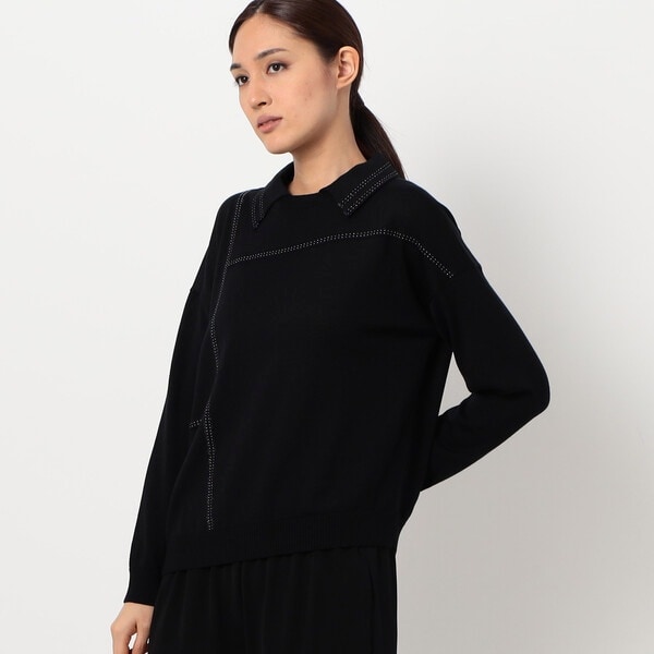 ギャバジン K．T/エキストラファインメリノウール ラメステッチ柄シャツ襟付きセーター