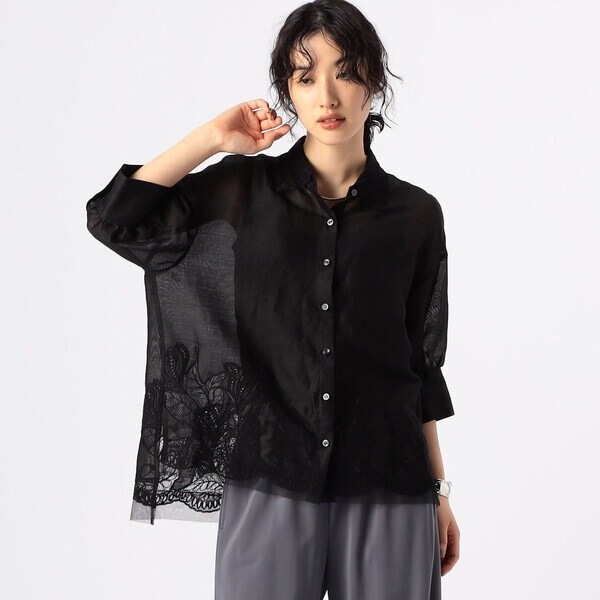 ギャバジン K．T（Gabardine K．T）/〔 +サイズ 〕 ラミーコットンエンブロイダリー シアー刺繍のシンプルシャツ