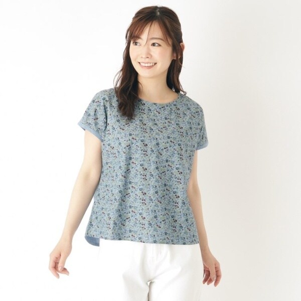 ローラ アシュレイ（LAURA ASHLEY）/【コットン100％日本製ワンマイルウエア】ロサ サンクタ柄 プリントダンガリー フレンチブラウス