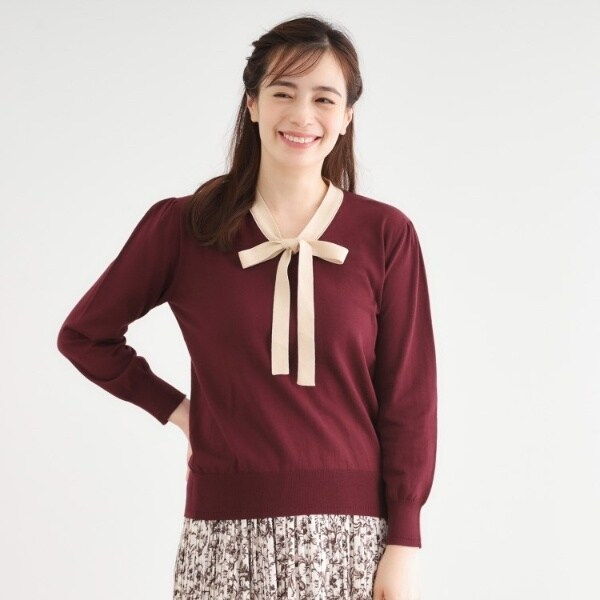 ローラ アシュレイ（LAURA ASHLEY）/【洗える／ボウタイ／クレリック】プルオーバーニット