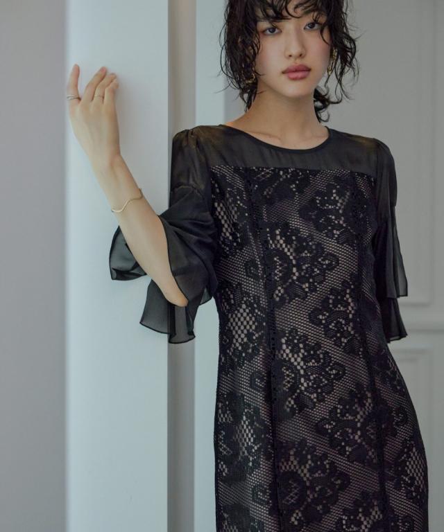 ドレスアン（Dress Ann）/オーナメント柄レースラッフルスリーブドレス