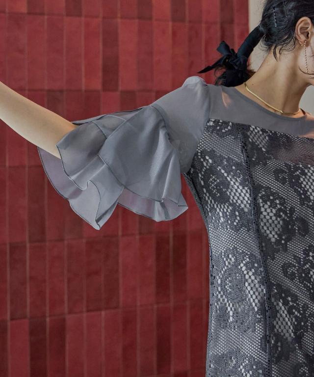 ドレスアン（Dress Ann）/オーナメント柄レースラッフルスリーブドレス