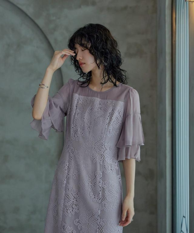 ドレスアン（Dress Ann）/オーナメント柄レースラッフルスリーブドレス