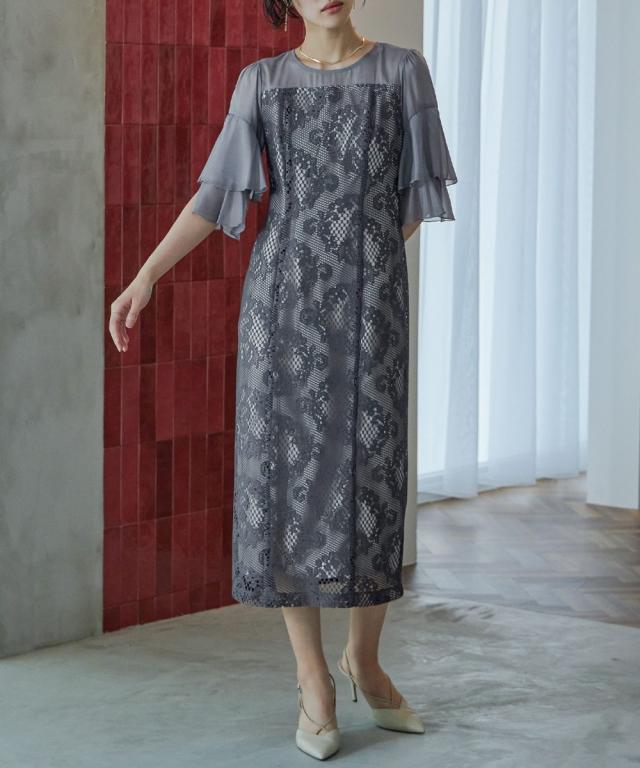 ドレスアン（Dress Ann）/オーナメント柄レースラッフルスリーブドレス