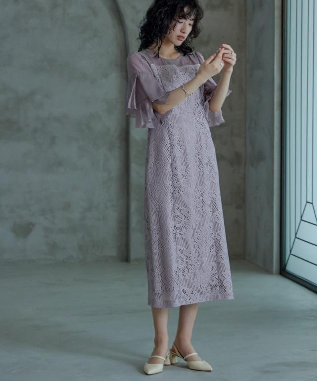 ドレスアン（Dress Ann）/オーナメント柄レースラッフルスリーブドレス結婚式ドレス ドレスアン（Dress Ann）/オーナメント柄レースラッフルスリーブドレス