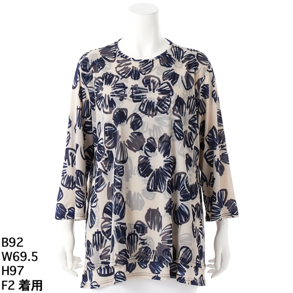 クインティ（QUINTY）/【大きいサイズレディース】フラワープリントパワーネット＆ストレッチチュニックカットソー
