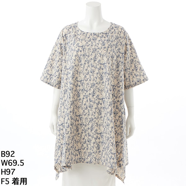 クインティ（QUINTY）/【大きいサイズレディース】ボタニカルプリント綿麻シーチングデザインチュニック【日本製】