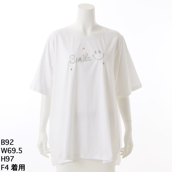 ターシャルビー（Tasha Ruby）/【大きいサイズレディース】スマイルキラキラロゴTシャツ｜ラメ×パールで華やかカジュアルスタイル