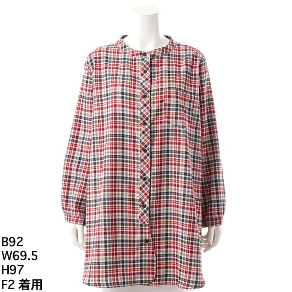 ターシャルビー（Tasha Ruby）/【大きいサイズレディース】ヘリンボーンチェックラウンドカラーロングシャツ【日本製】