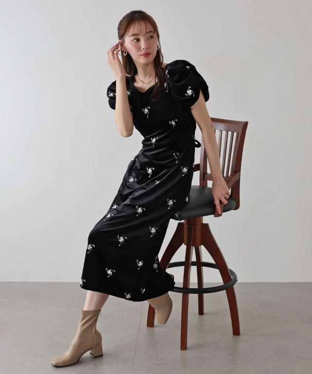 ブルーイースト（BLUEEAST）/フラワー刺繍ベロアワンピース 結婚式 パーティードレス 成人式 二次会 同窓会 お呼ばれ