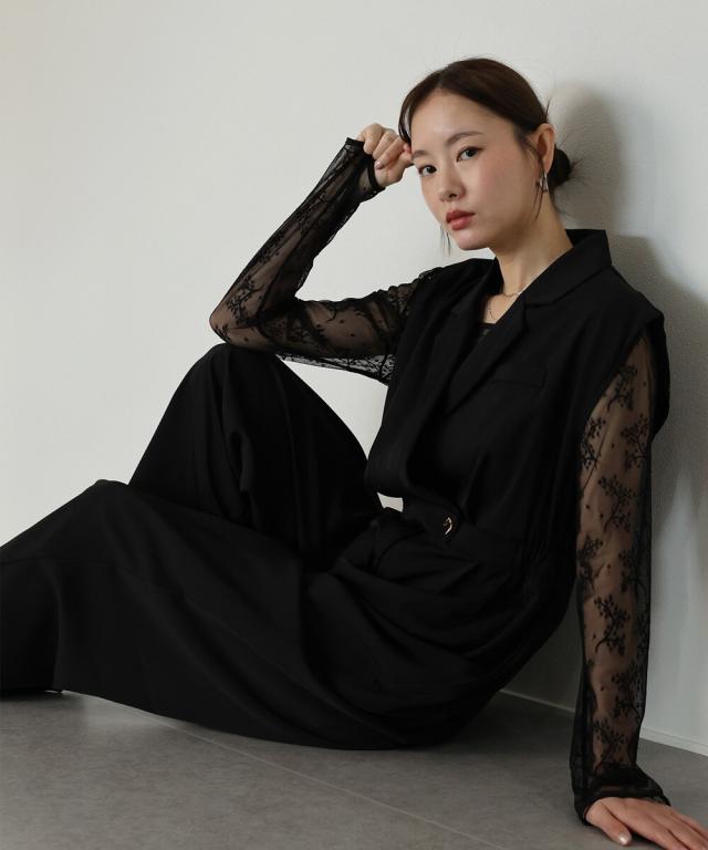 ジェーバイブルー（J by blue）/テーラードオールインワンパンツドレス+ジャガードチュールトップス 結婚式 パーティードレス 成人式